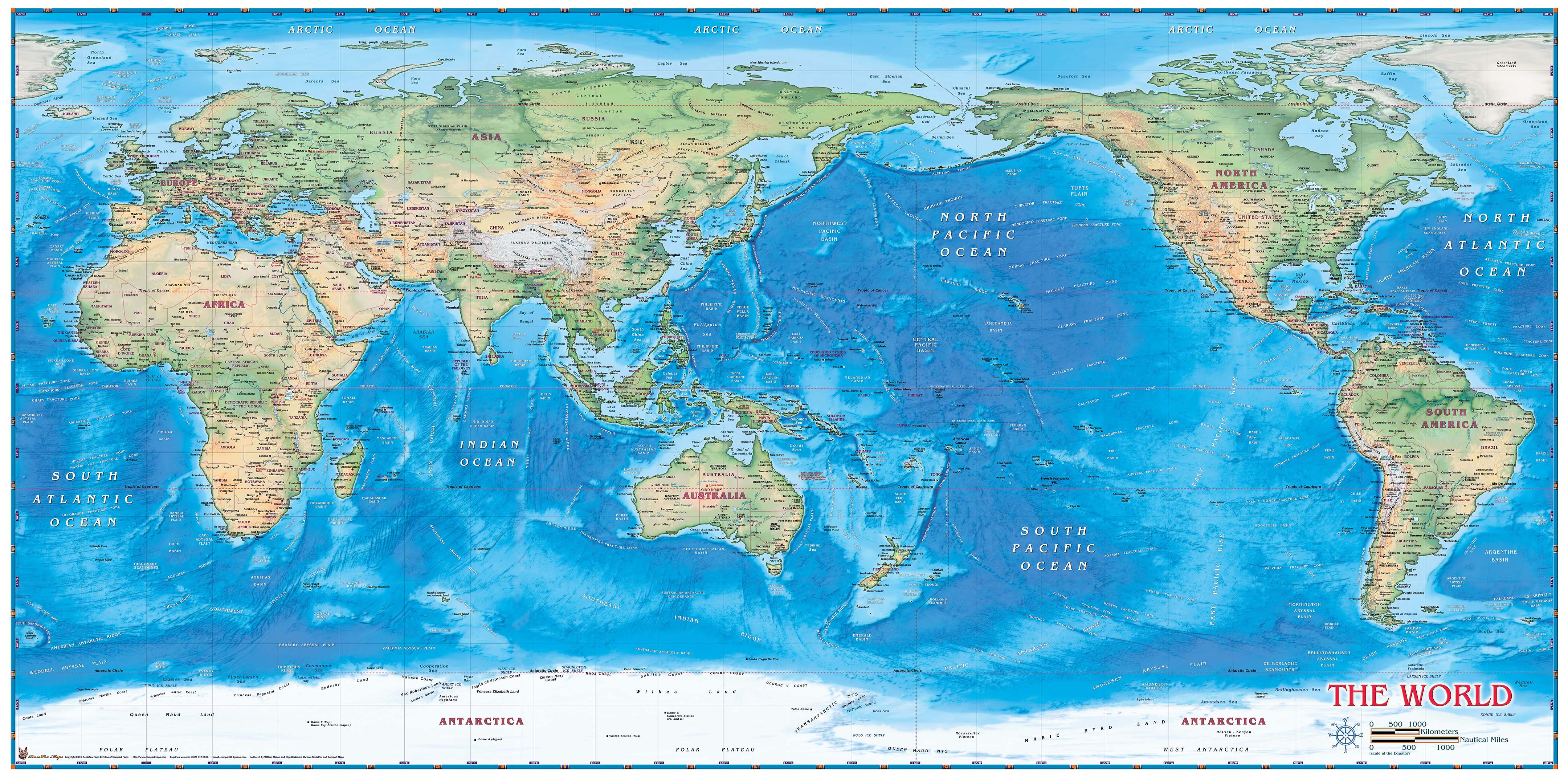 World Physical Pacific Centered without Wonders Wall Map by Compart ...