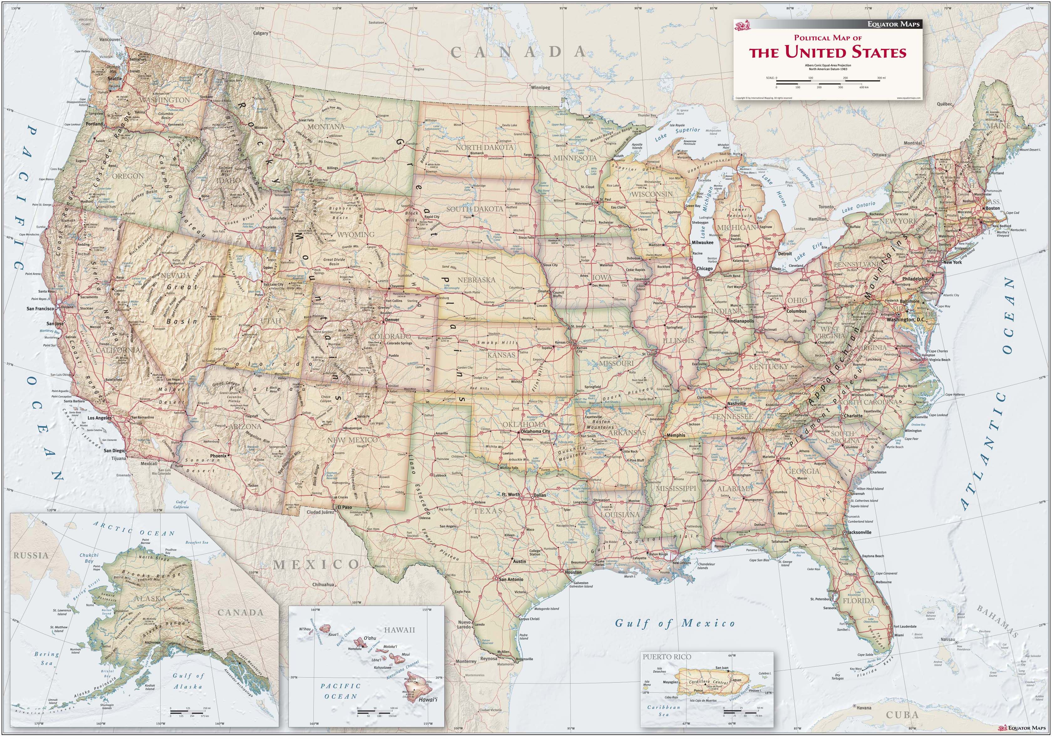 Political Wall Map Of The US With Antique Tones by Equator Maps - MapSales