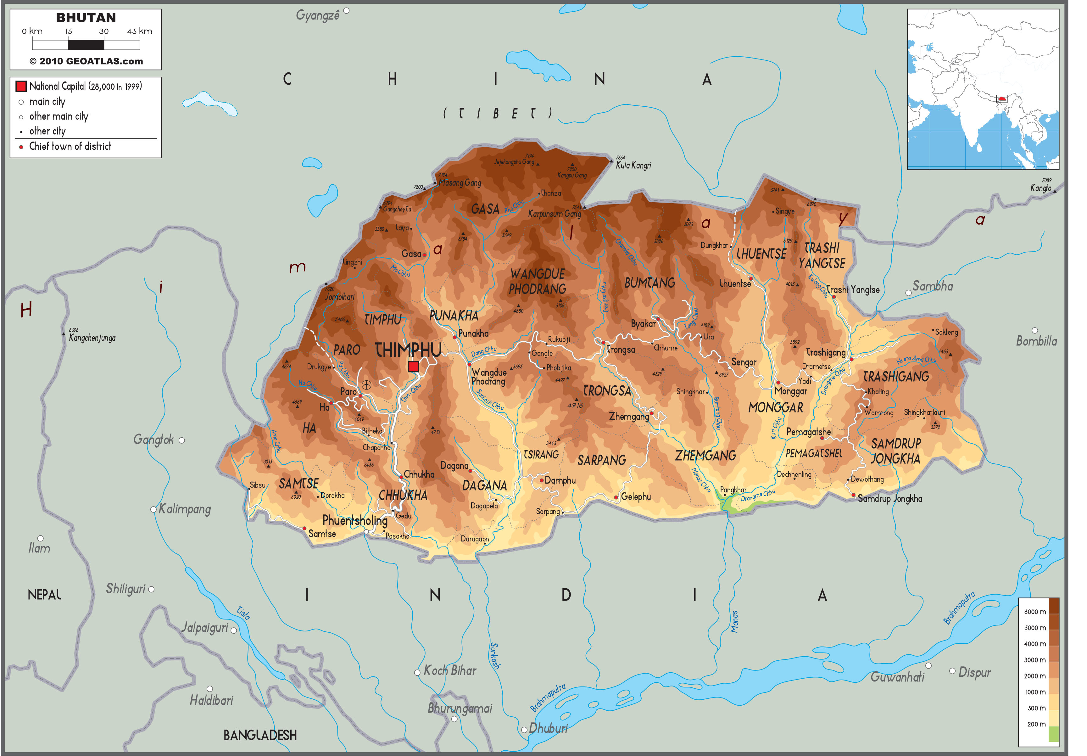 Bhutan Physical Wall Map by GraphiOgre - MapSales