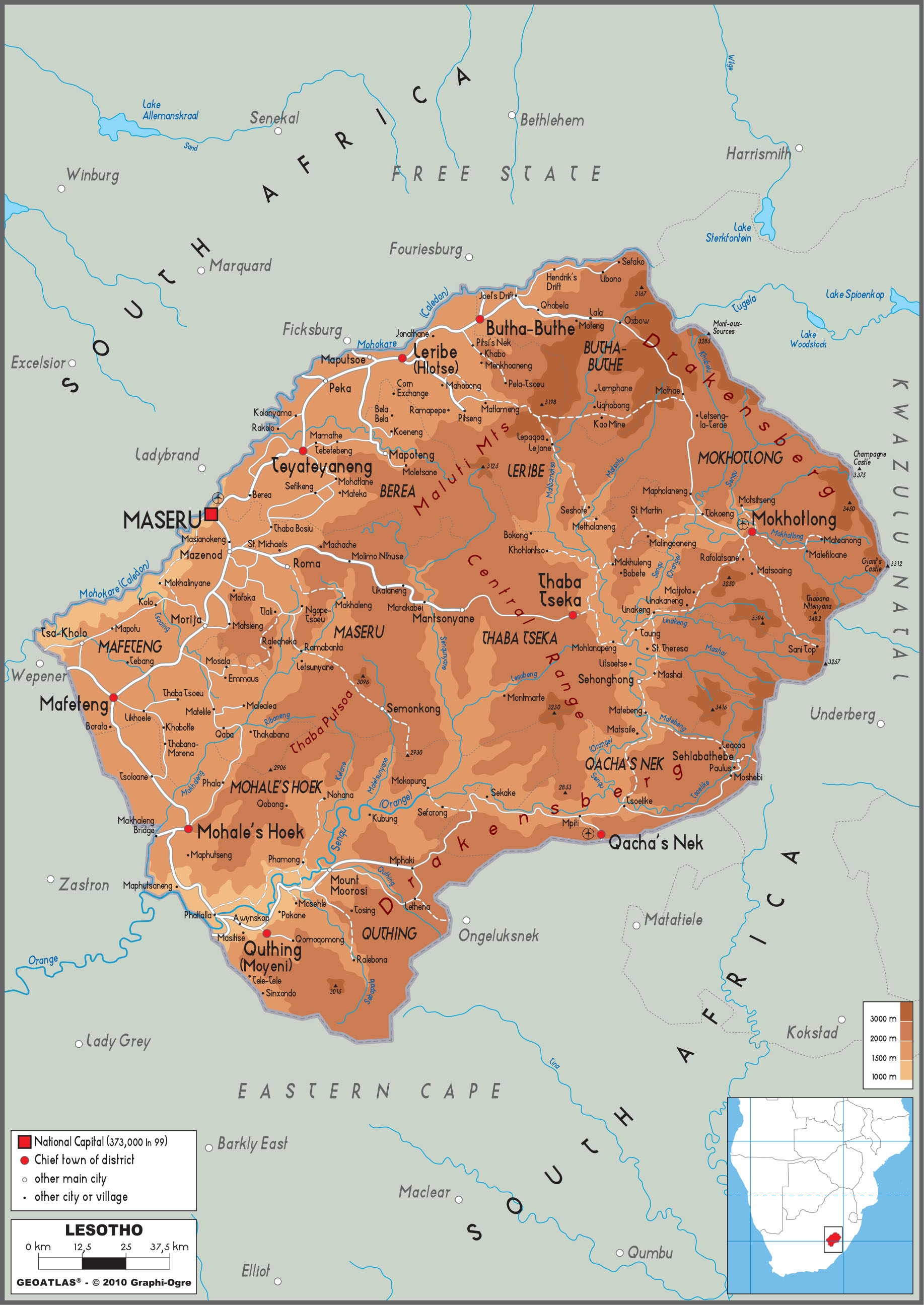 Lesotho Physical Wall Map by GraphiOgre - MapSales