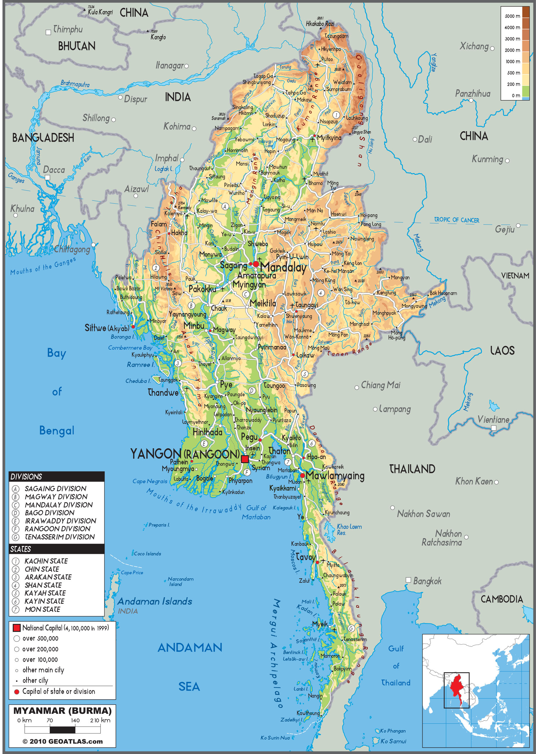 Myanmar Physical Wall Map by GraphiOgre - MapSales
