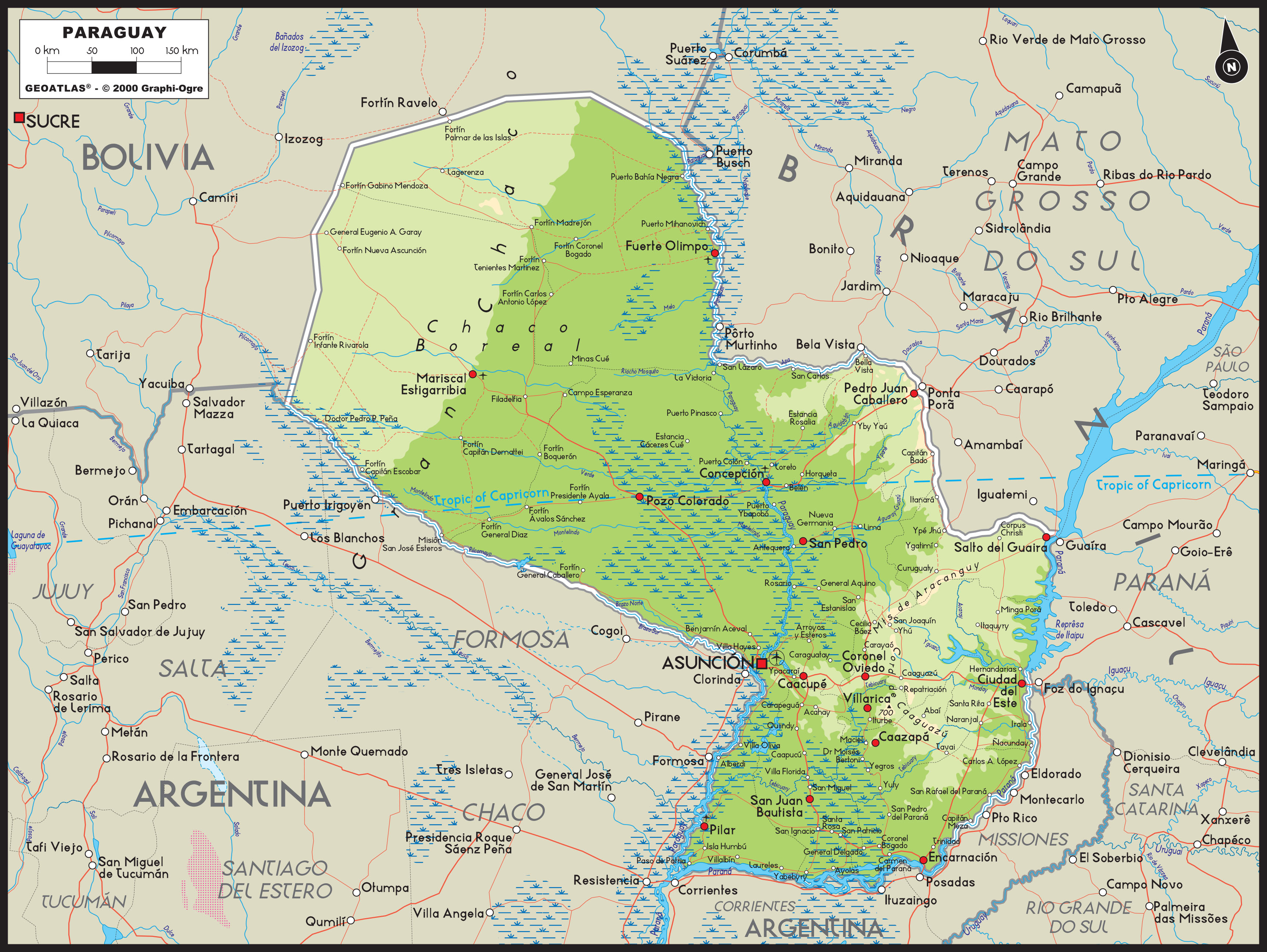 Paraguay Physical Wall Map by GraphiOgre - MapSales