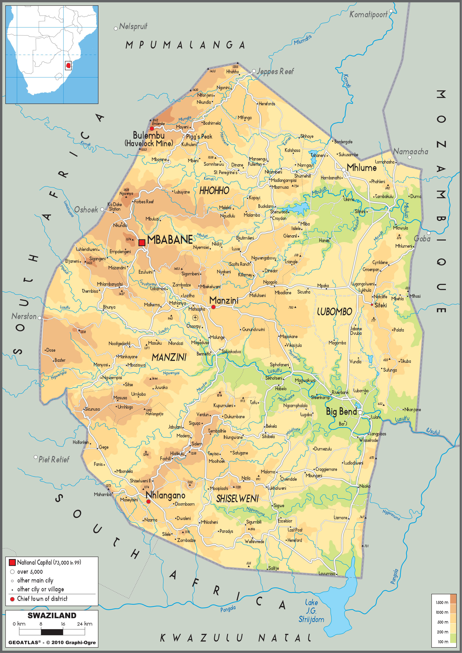 Swaziland Physical Wall Map by GraphiOgre - MapSales.com