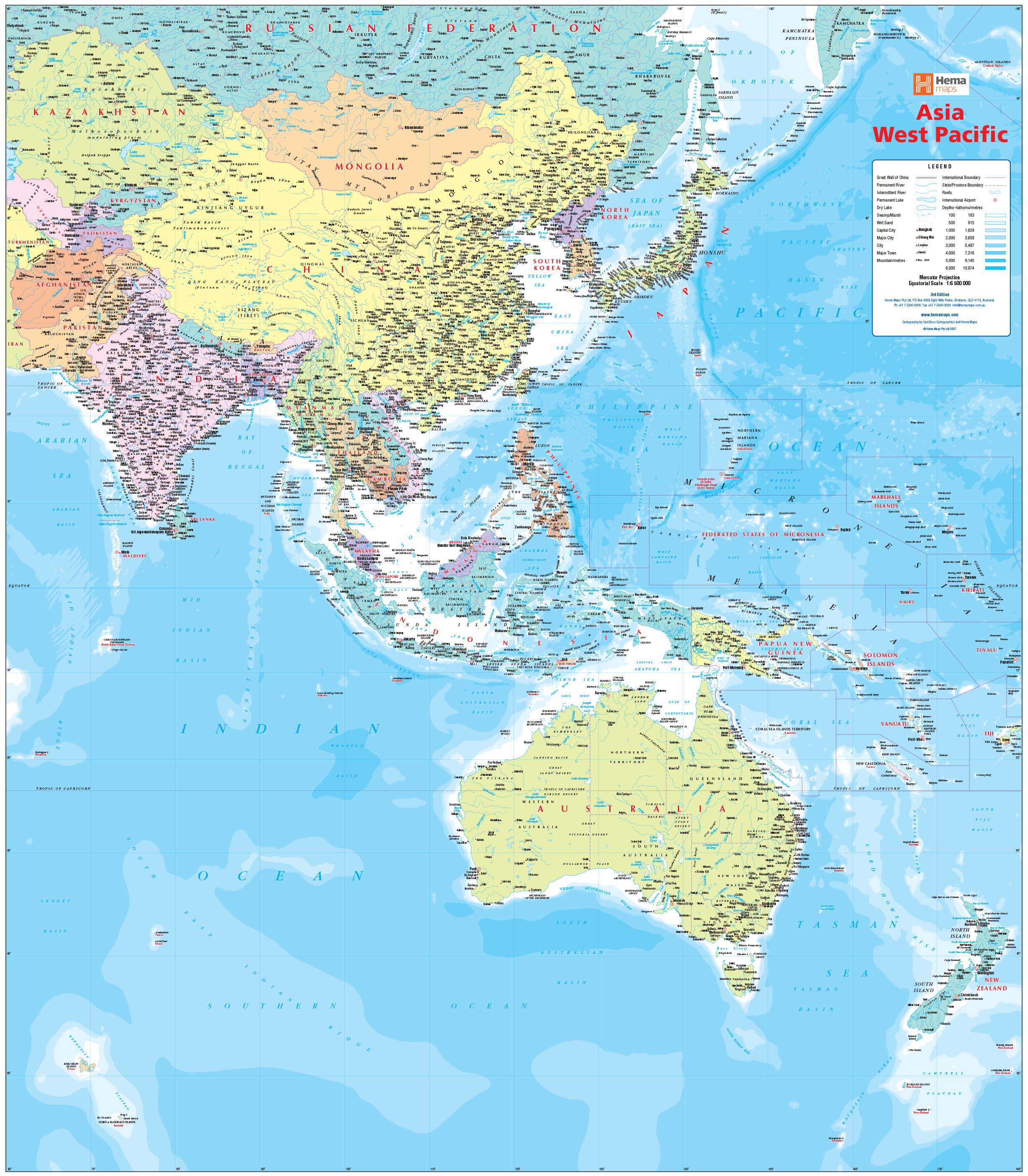 Asia West Pacific Wall Map by Hema Maps - MapSales Asia West Pacific Wall Map by Hema Maps - MapSales