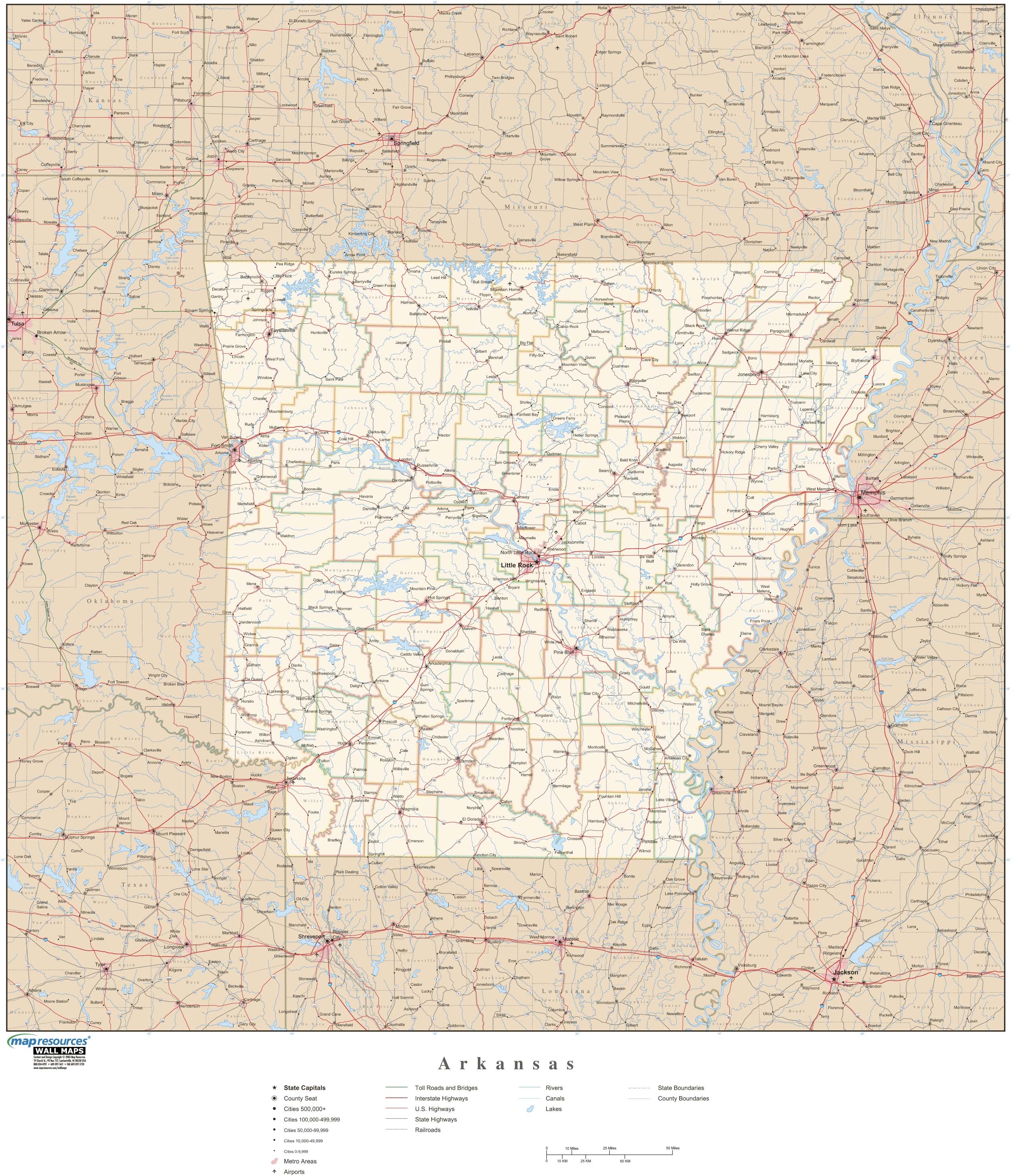 Arkansas Wall Map with Roads by Map Resources - MapSales
