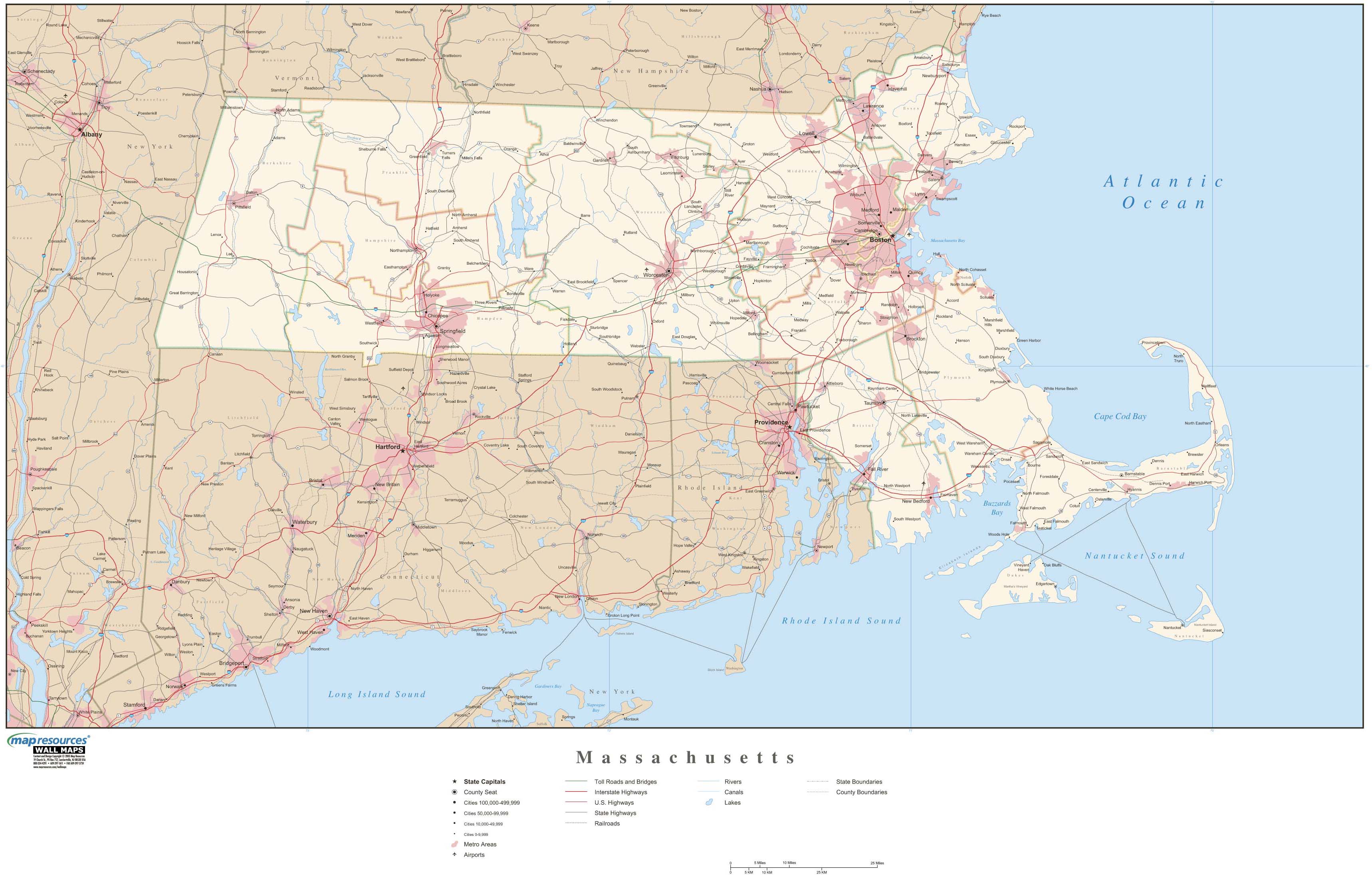 Massachusetts Wall Map with Roads by Map Resources - MapSales