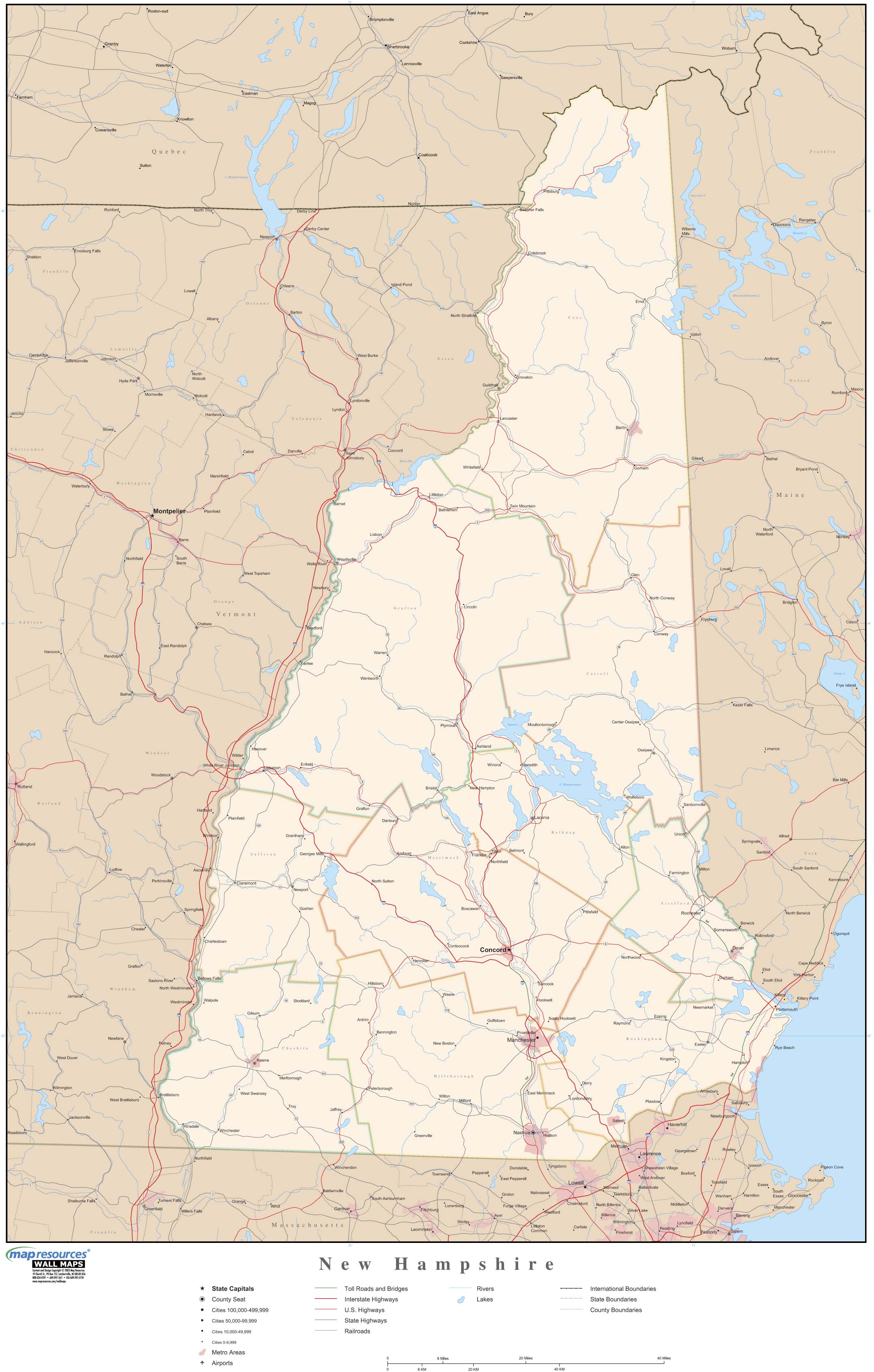 New Hampshire Wall Map with Roads by Map Resources - MapSales