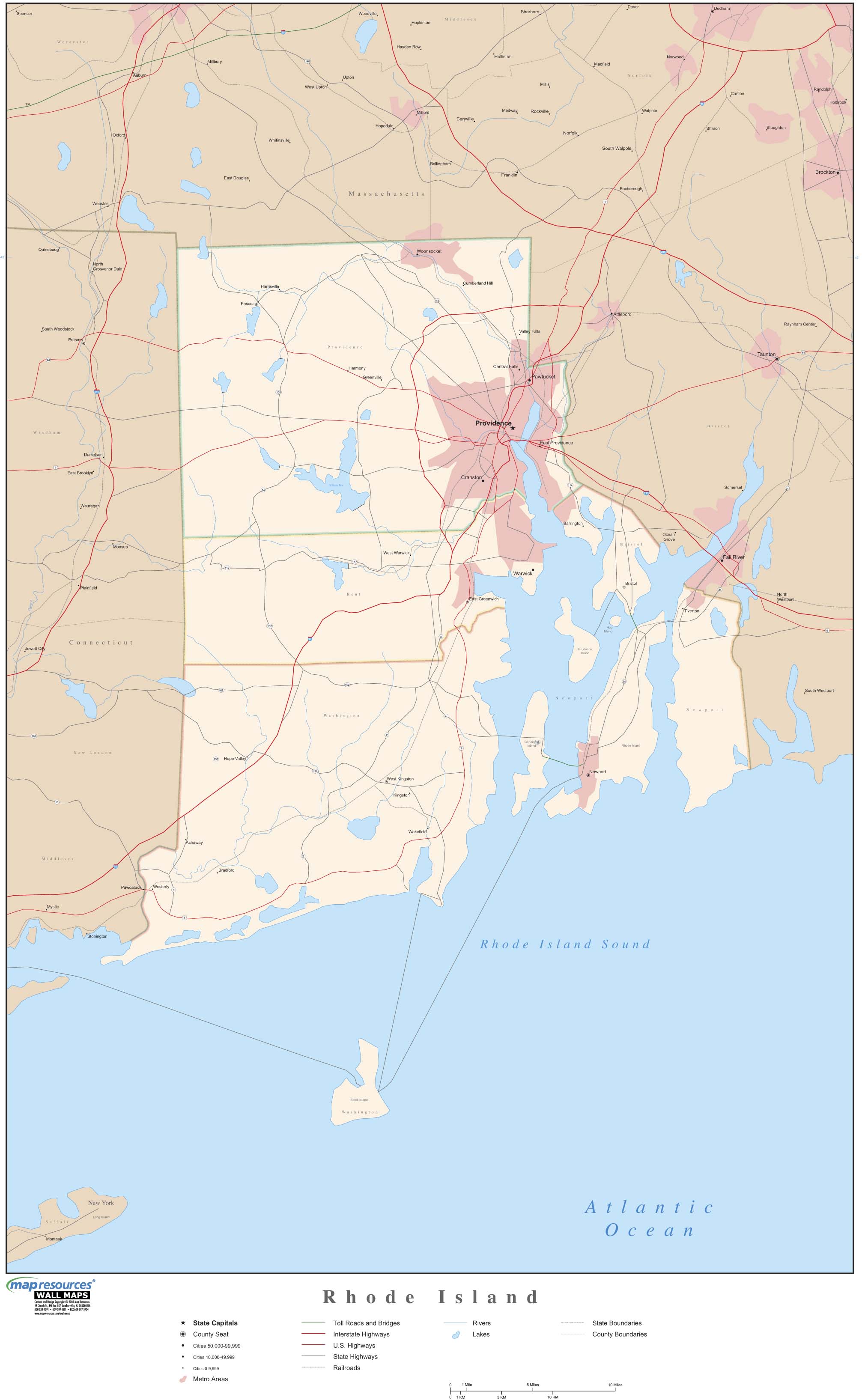 Rhode Island Wall Map with Roads by Map Resources - MapSales