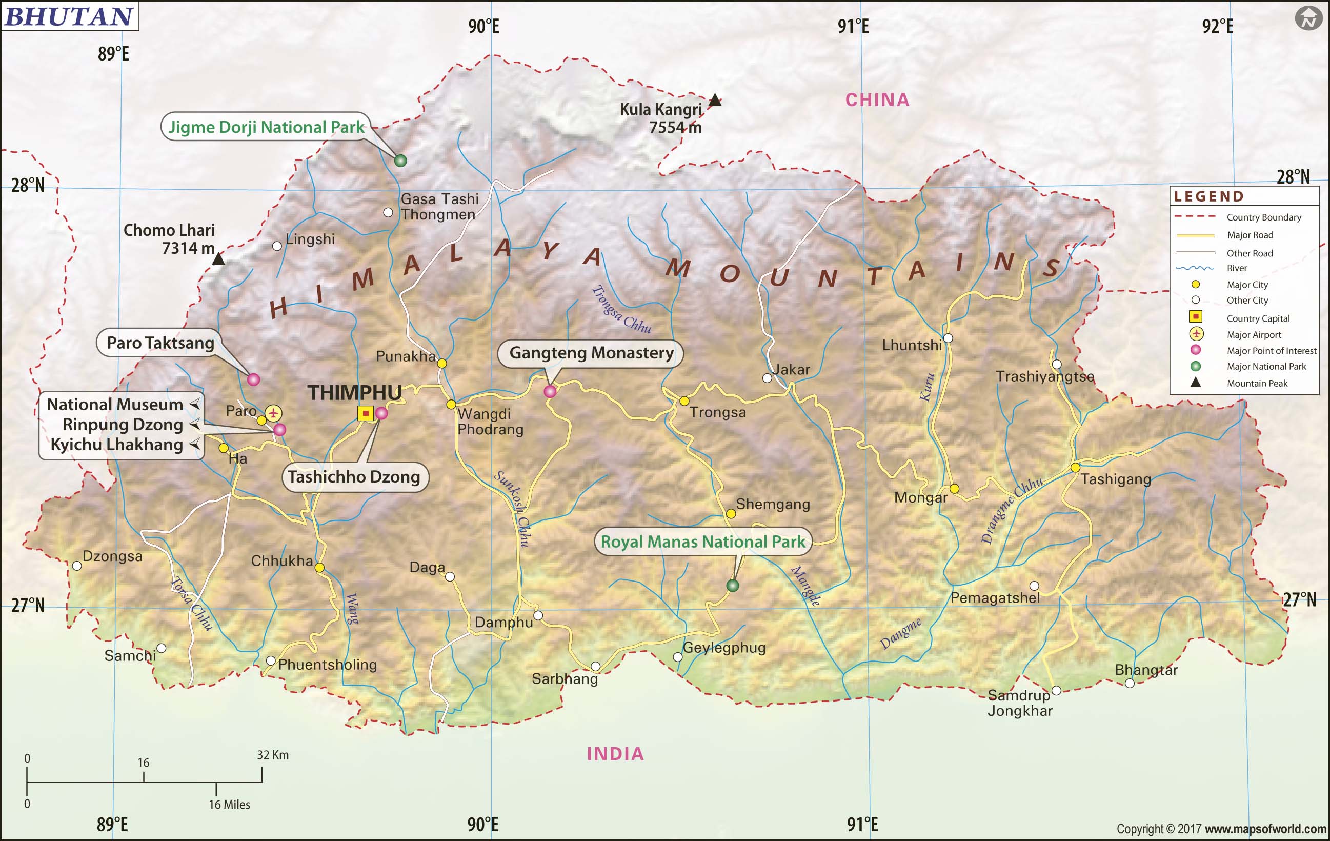 Bhutan Wall Map by Maps of World