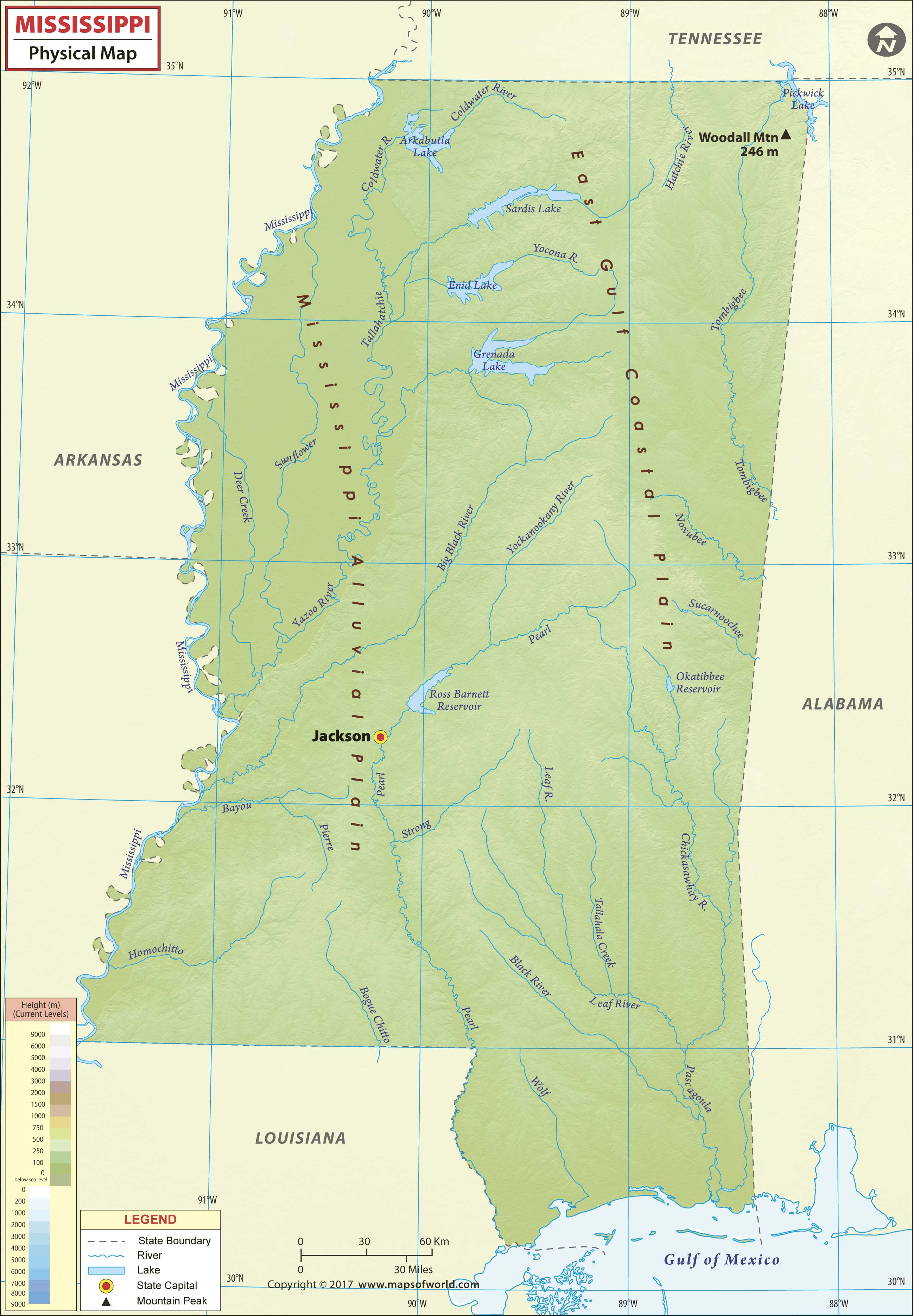 Mississippi Physical Wall Map by Maps of World - MapSales