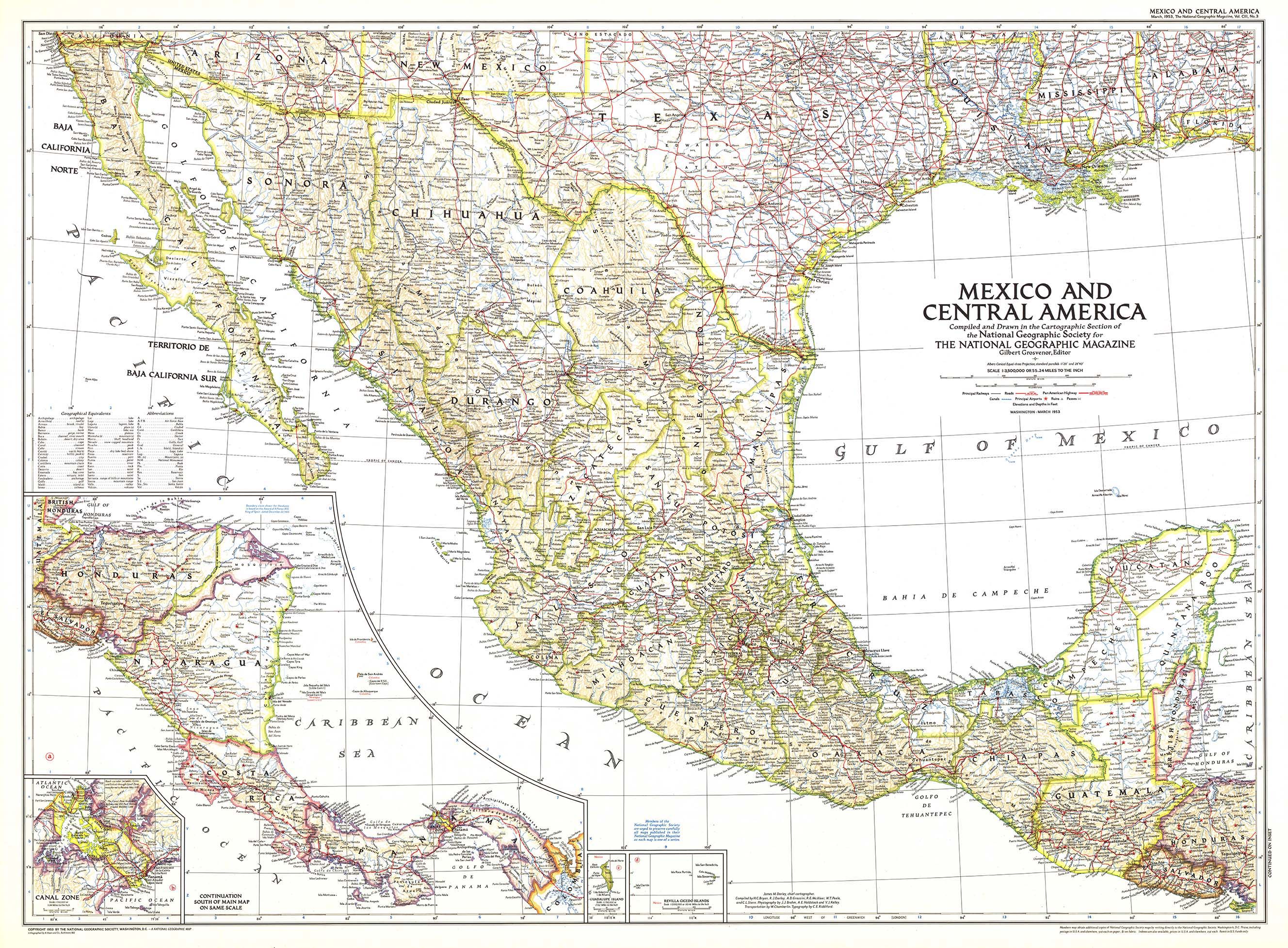 Mexico and Central America 1953 Wall Map by National Geographic - MapSales