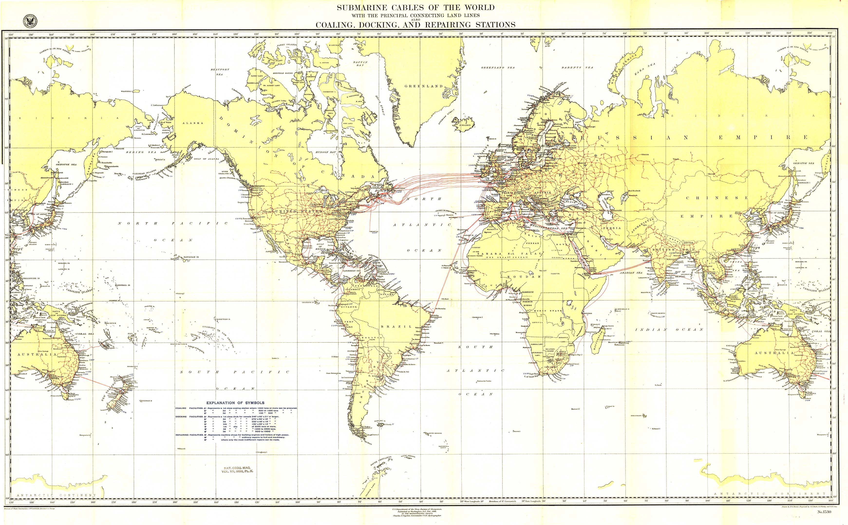 Submarine Cables of the World 1896 Wall Map by National Geographic ...