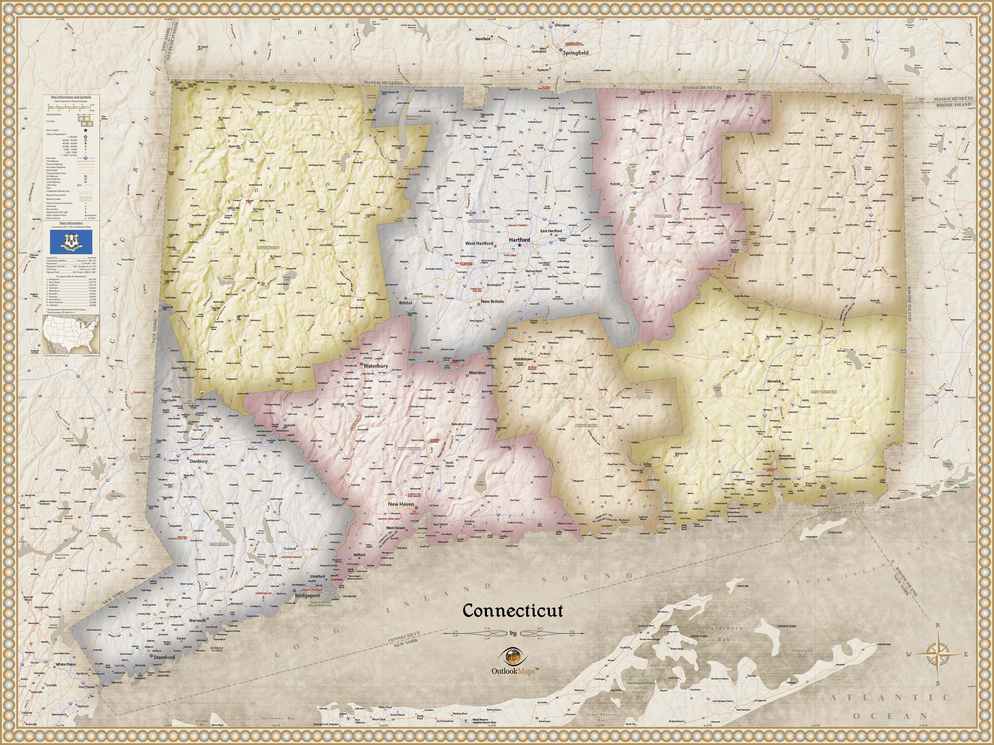 Connecticut Antique Wall Map by Outlook Maps - MapSales