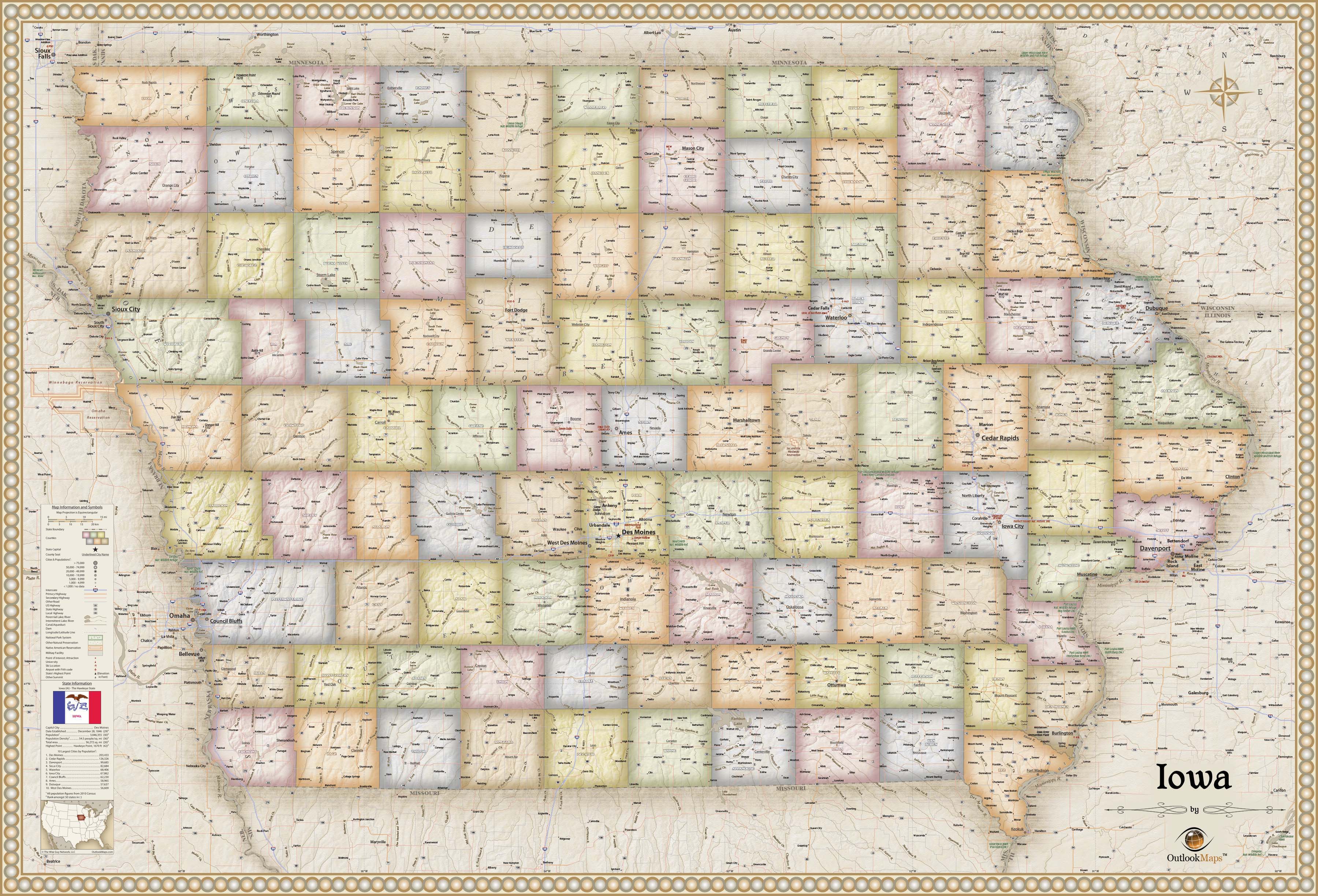 Iowa Antique Wall Map by Outlook Maps - MapSales