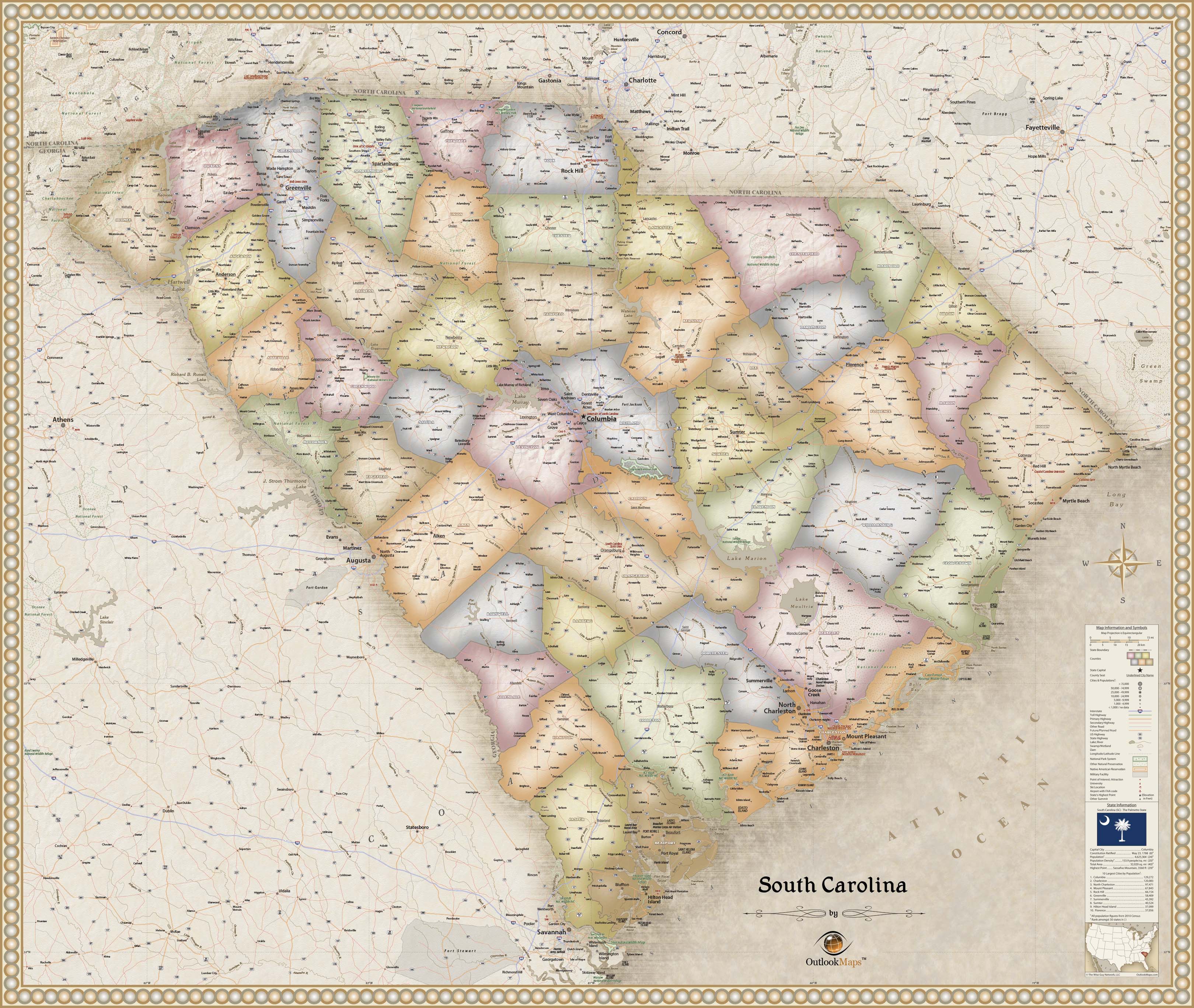 South Carolina Antique Wall Map by Outlook Maps - MapSales