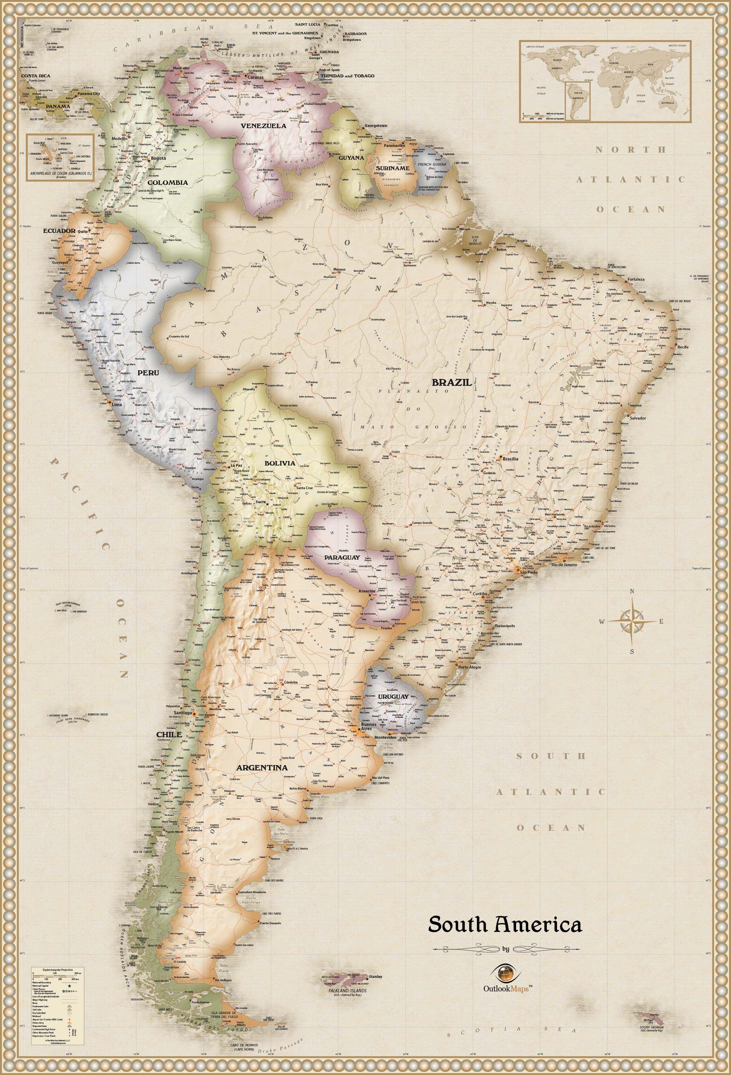South America Antique Wall Map by Outlook Maps - MapSales