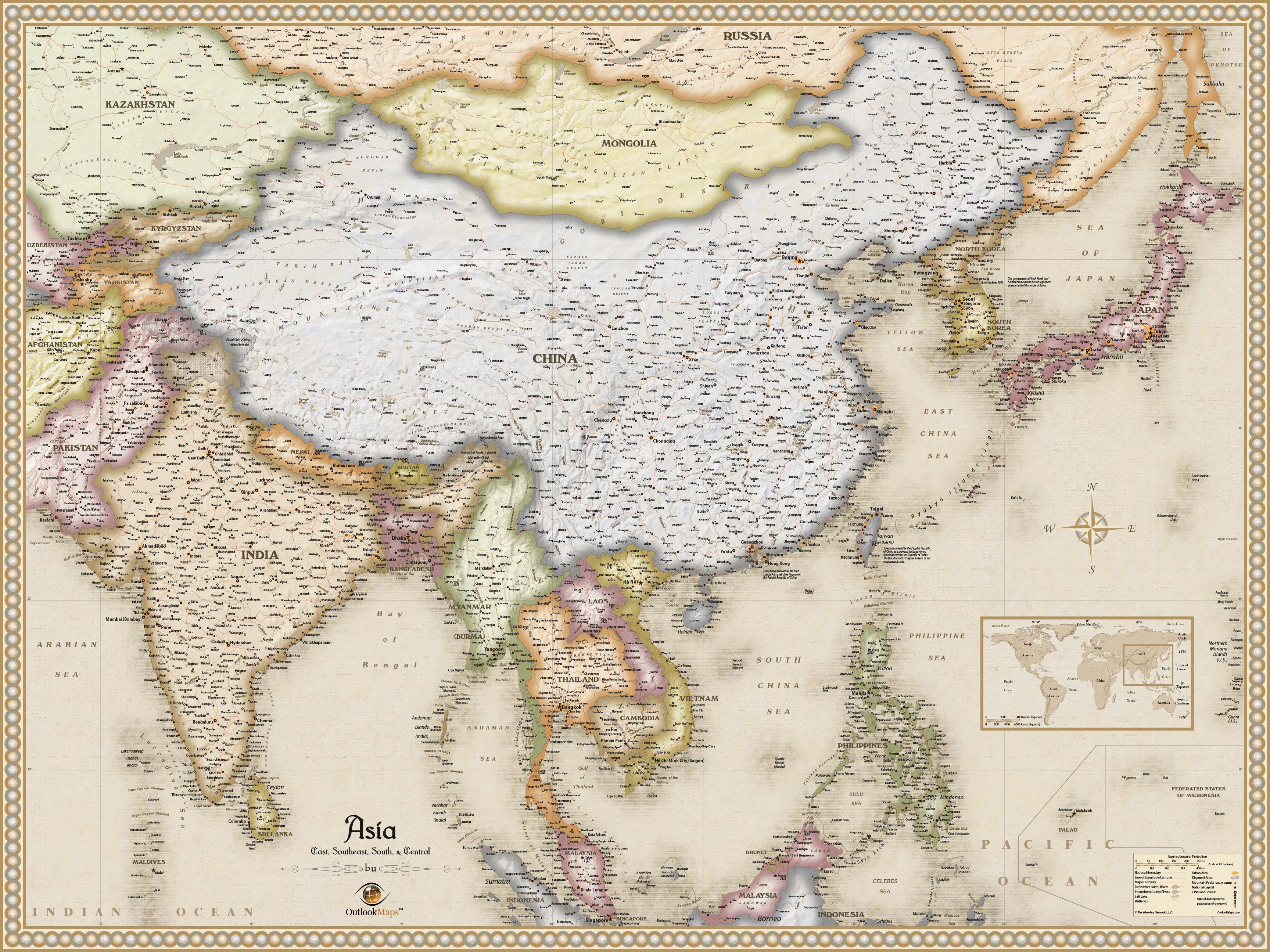 Asia Antique Wall Map by Outlook Maps - MapSales