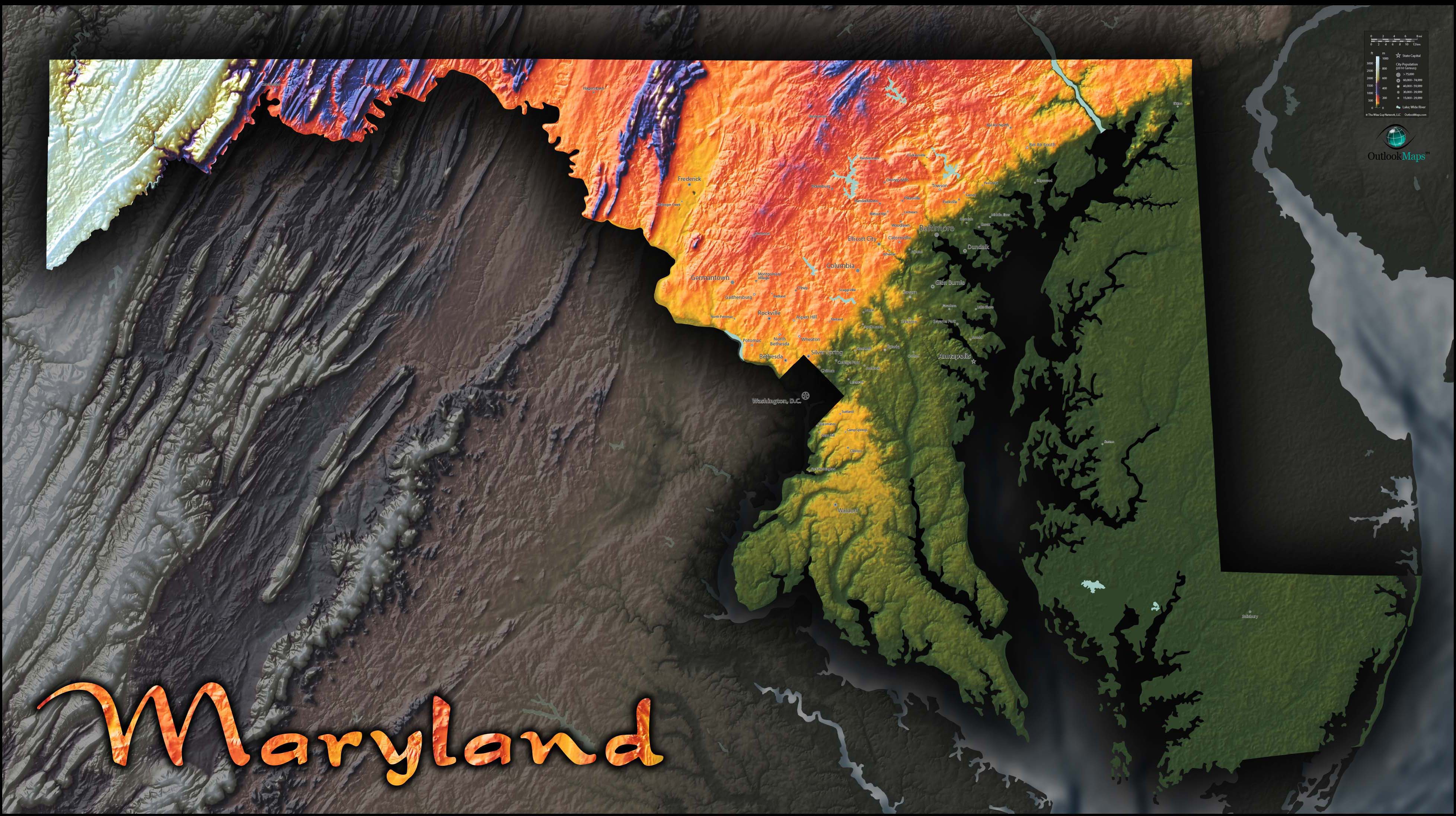 Maryland Topo Wall Map by Outlook Maps - MapSales