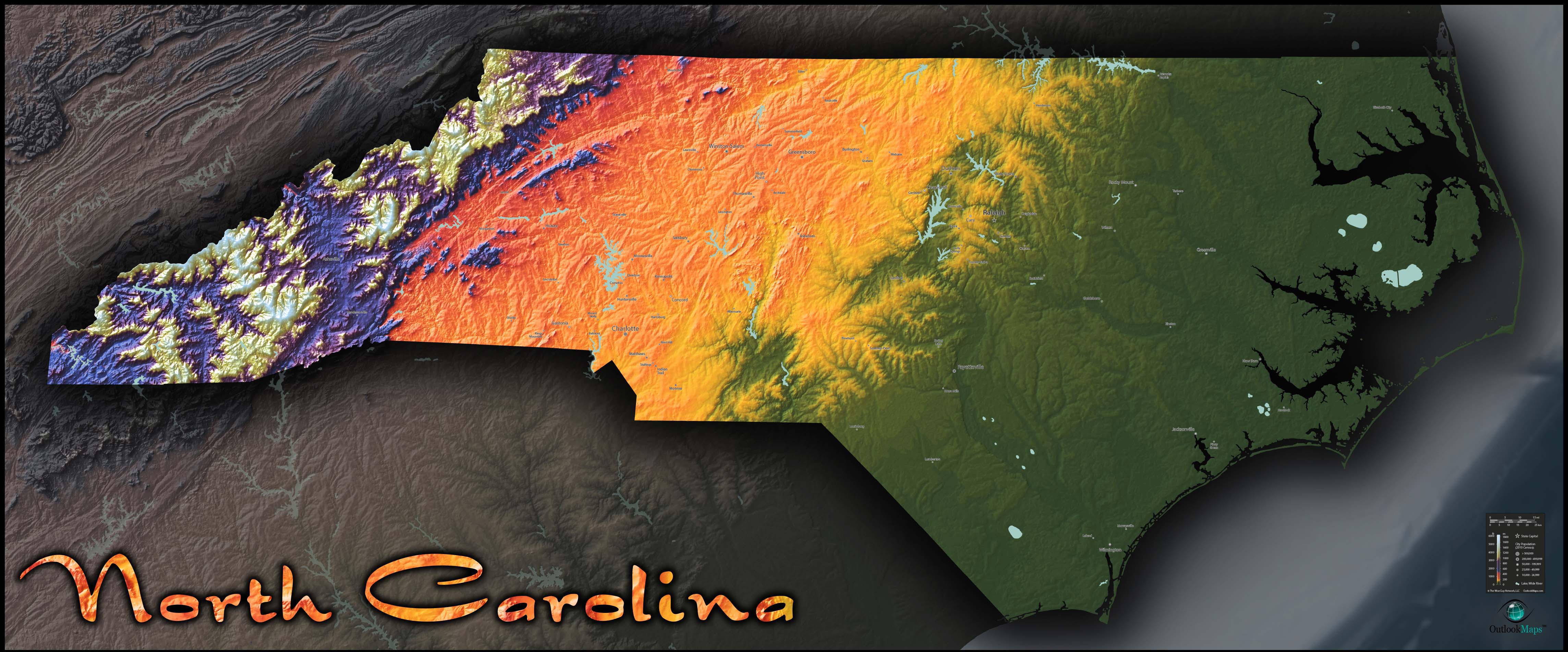 North Carolina Topo Wall Map by Outlook Maps - MapSales