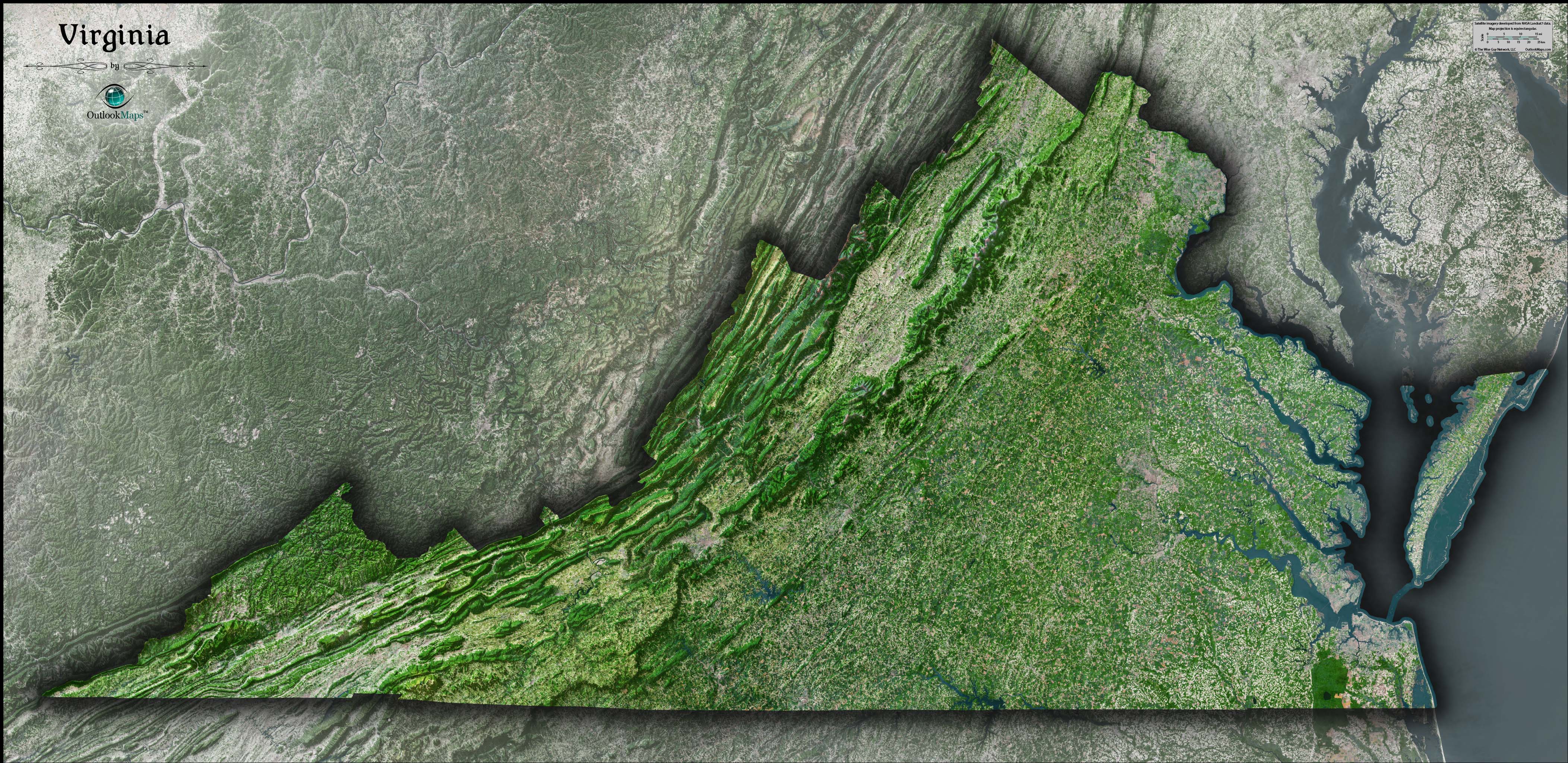 Virginia Satellite Wall Map by Outlook Maps - MapSales